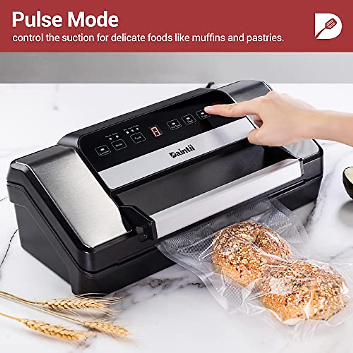 Daintii Deluxe Food Vacuum Sealer Machine, 85Kpa High Performance Vacuum Sealing System with Easy-lock Handle, Built-in Storage & Bag Cutter, Included Starter Kit, Safety Certified, Stainless Steel