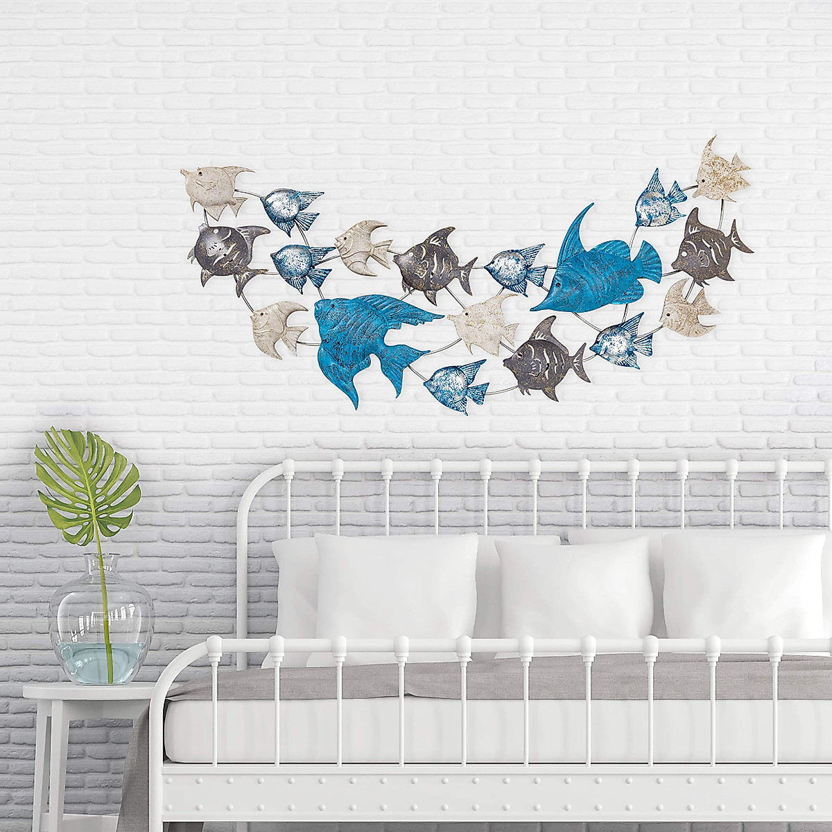 MODERNIST HOME School of 18 Fish Wall Art, Crescent, Vivid Blue with Shimmery Silver, Muted Grey and Beige Paint, Iron, 5 Feet Wide (2.75 L x 59 W x 31.5 H Inches) Home Wall Decor