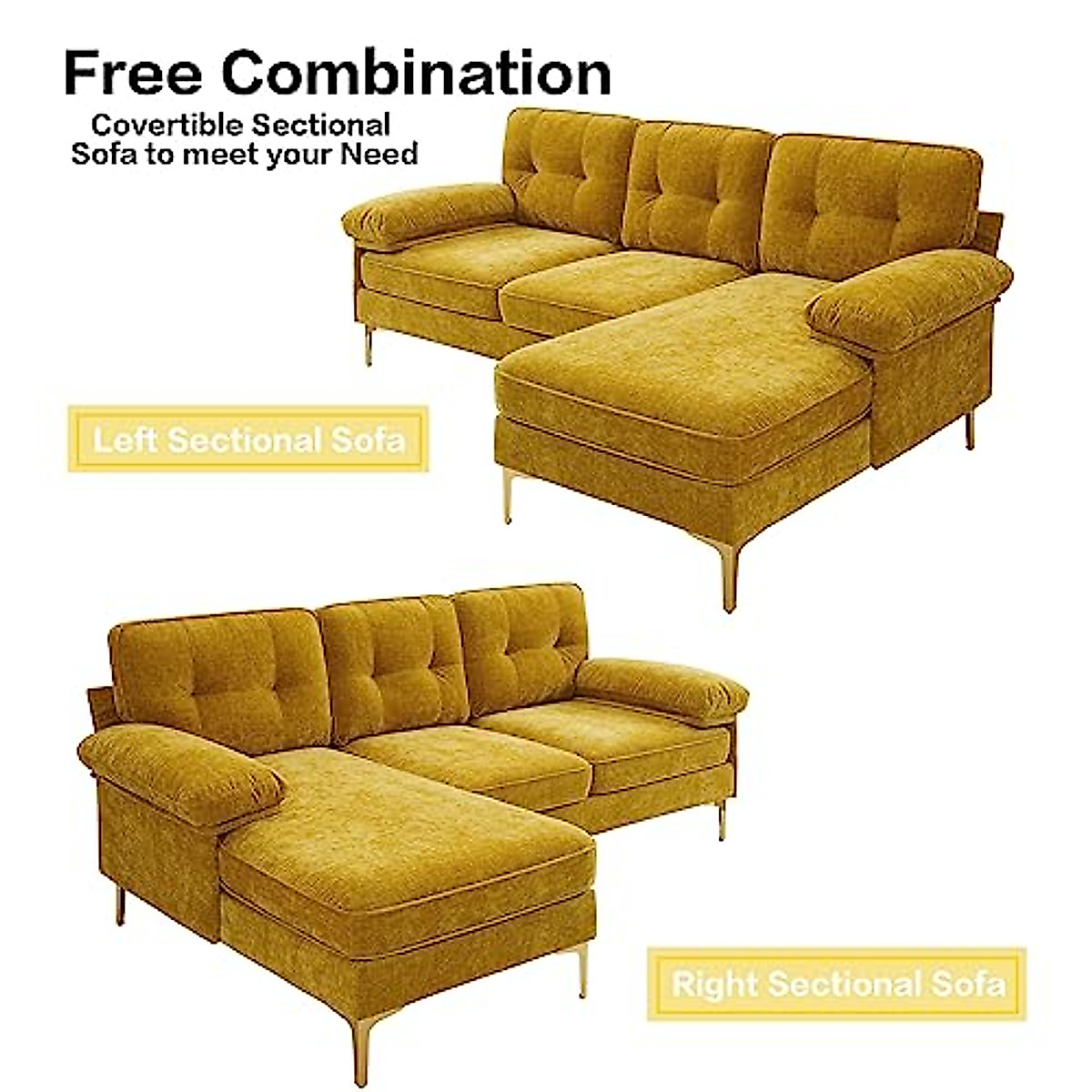 TEKAMON Yellow Sectional Sofa Couch for Living Room, Samll couches for Small Spaces, Chenille Fabric L- Shaped Sofa, Modern Loveseat Sofa with Chaise, Removable Covers，Convertible/Reversible Couch