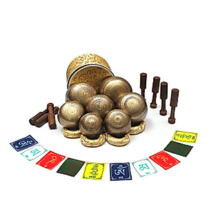 ESK GROUP Tibetan Singing Bowl Set of 7, 3”- 5.2” Om Mane Padme Hum Singing Bowl, Himalayan Singing Bowl, Handmade, w/ silk cushions, 7 sticks, Flag and Silk Brocade Box, ESK-06