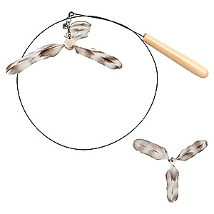 FUKUMARU Cat Wand Toy, 35.5 Inch Cat Feather Propeller Toy with Bell, Steel Wire Cat Toy for Indoor Cats with Natural Feather, Solid Wood Handle an Extra Cat Toy Feather Replacement