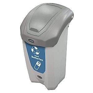 Glasdon Nexus 8G Battery Recycling Bin (Gray, Blue Sticker) – Small Plastic Disposal Bin for Used Batteries – 8-Gallon Battery Recycling Container with Grey Flip Lid