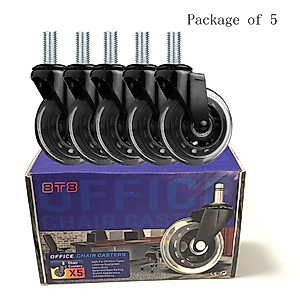 8T8 Upgraded Chair Caster Wheels 3'', Quiet and Smooth Rolling,Heavy Duty Wheels with Threaded Stem 3/8''-16x1"(Not Metric M10), Safe for Hardwood Tile Carpet Floors, Set of 5