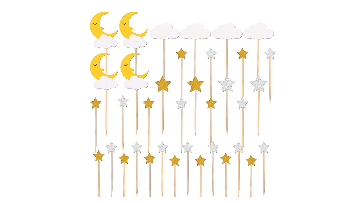 TAJIAA 36PCS Glitter Star Moon Cupcake Toppers for Parties & Celebrations