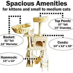 Beige Cat Tree Tower for Indoor Cats & Kittens, 57" Tall Multi-Level with Comfy Perch & Basket, Hideaway Condo, Sisel Scratcher Posts & Ladder, Ball Toys, & Dangling Rope - by SciencePurchase