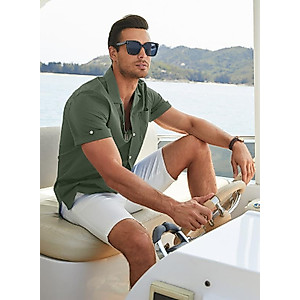 JMIERR Men's Cotton Linen Hawaiian Shirt - Casual Button Down, Cuban Collar, Short Sleeve, Pocket, US 43(L), Green