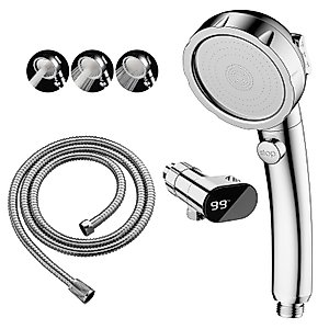 KAIYING High Pressure Shower Heads with Shower Thermometer, 3 Spray Hand Held Shower Head with On Off Switch, Detachable RV Shower with Hose and LED Temperature Display Bracket, Chrome