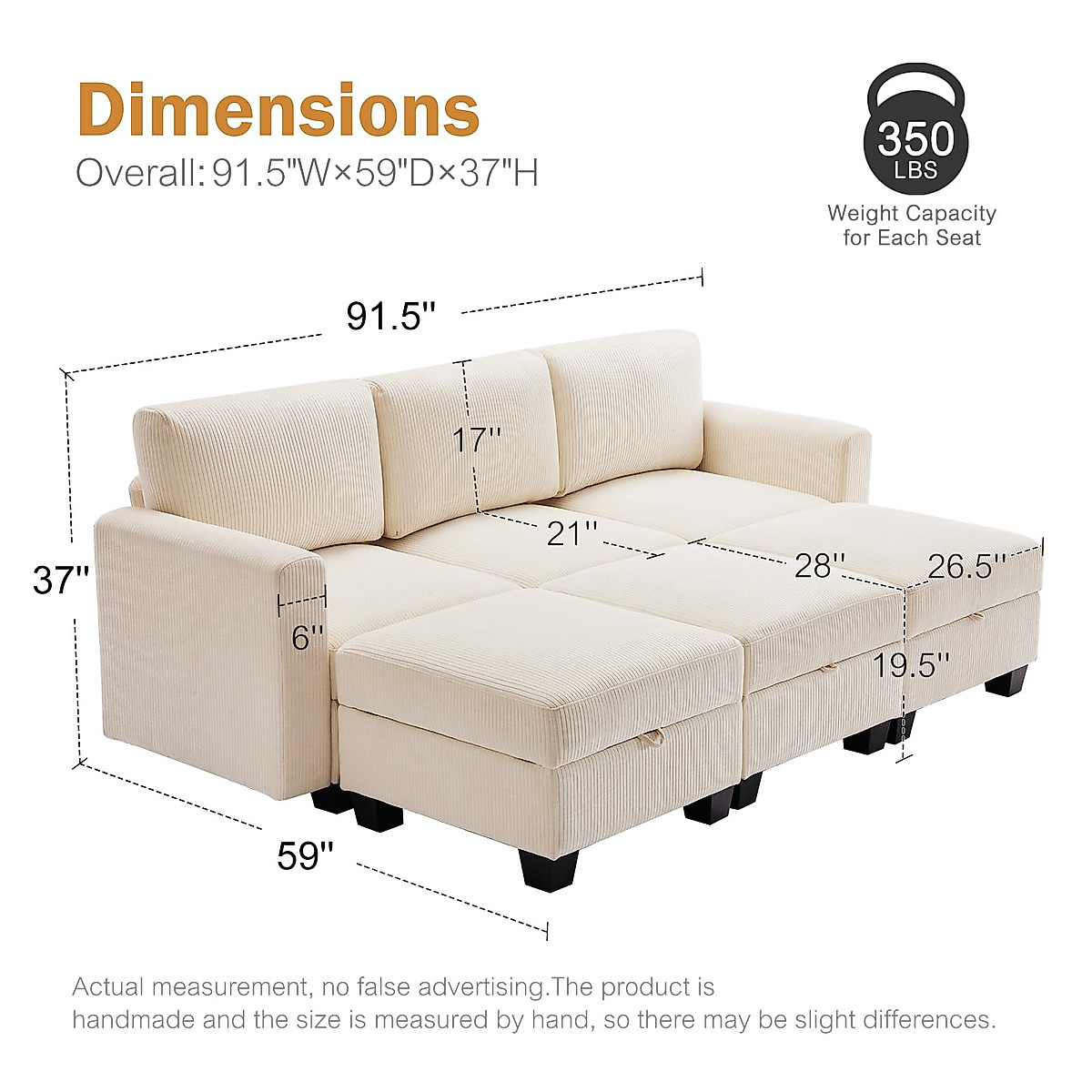 ABCASA Modular Sectional Sofa with Storage Chaises,Modular Sleeper Sofa Couch 6 Seat Sectional Sofa Bed Couch for Living Room,Apartment,Corduroy,Ivory