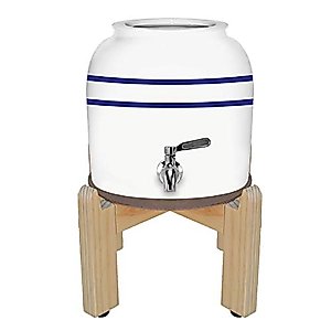 Geo Sports Porcelain Ceramic Crock Water Dispenser, 8 Inch Wood Stand, Stainless Steel Faucet, Valve and Lid Included. Fits 3 to 5 Gallon Jugs. BPA & Lead Free (Blue Stripe)