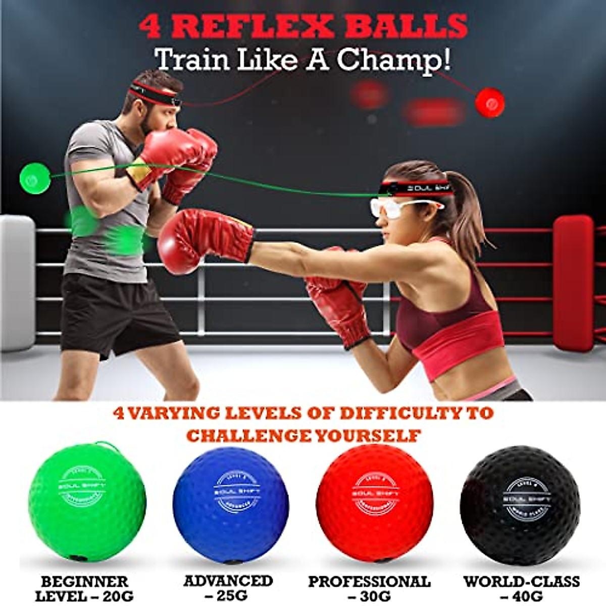 Soul Shift - 4 X Boxing Reflex Balls and Reaction Ball and Safety Glasses - Hand Eye Coordination, Boxing Reflex Ball Headband, Boxing MMA Training Equipment, Punching Ball