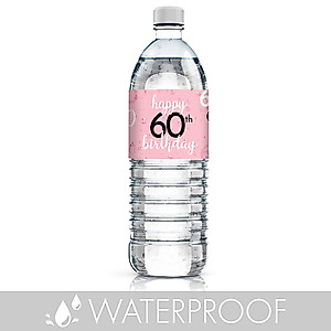Pink, Black, and White 60th Birthday Party Water Bottle Labels - 24 Waterproof Wrappers, 60th Birthday Decorations for Women