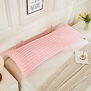 JAUXIO Faux Fur Fluffy Body Pillow Cover Luxury Striped Plush Decorative Body Pillowcase, Ultra Soft and Cozy Zipper Closure 21 x 54 Inches, Pink