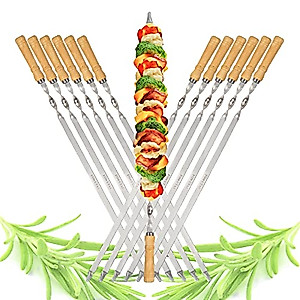 【NEW】23.6" Large Size Kabob Skewers Flat Metal BBQ Barbecue Skewer Wooden Handle Stainless Steel Shish Kabob Stick Wide Reusable Grilling Set Meat Shrimp Chicken Vegetable Kebab Fork Sausage-12PCS