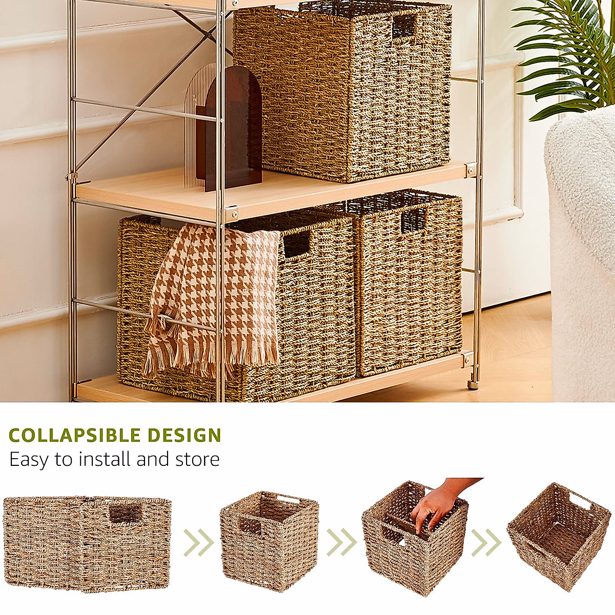 LGENHOOM Handwoven Seagrass Storage Baskets Foldable Wicker Storage Cubes 11x11in Hyacinth Baskets Rustic Set Of 2 Multipurpose Collapsible Storage Organizer for Bedroom Living Room Shelves