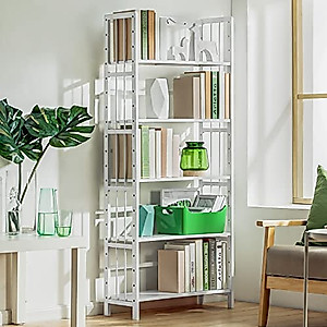 MoNiBloom Tall 5 Tier Bookshelf, Bamboo Multifunction Free-Standing Storage Bookcase Display Shelf Organizers for Living Romm Home Office Study Room, White