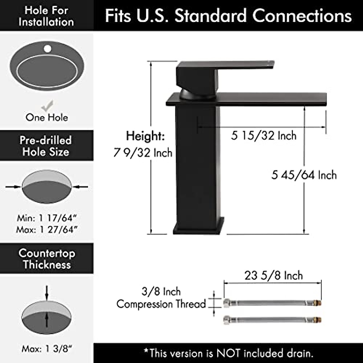 KES Bathroom Sink Faucet Single Hole, Black Bathroom Faucet Waterfall Faucet with Supply Lines for Bathroom Sink, SUS304 Stainless Steel, L3158ALF-BK