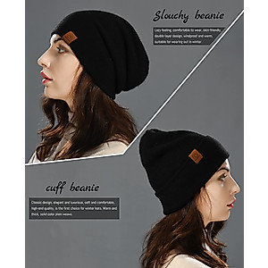 jaxmonoy Wool Cashmere Slouchy Knit Beanies Winter Hats for Women Men Soft Warm Double Layer Reversible Lightweight Slouch Cuffed Skull Beanie Cap - Black