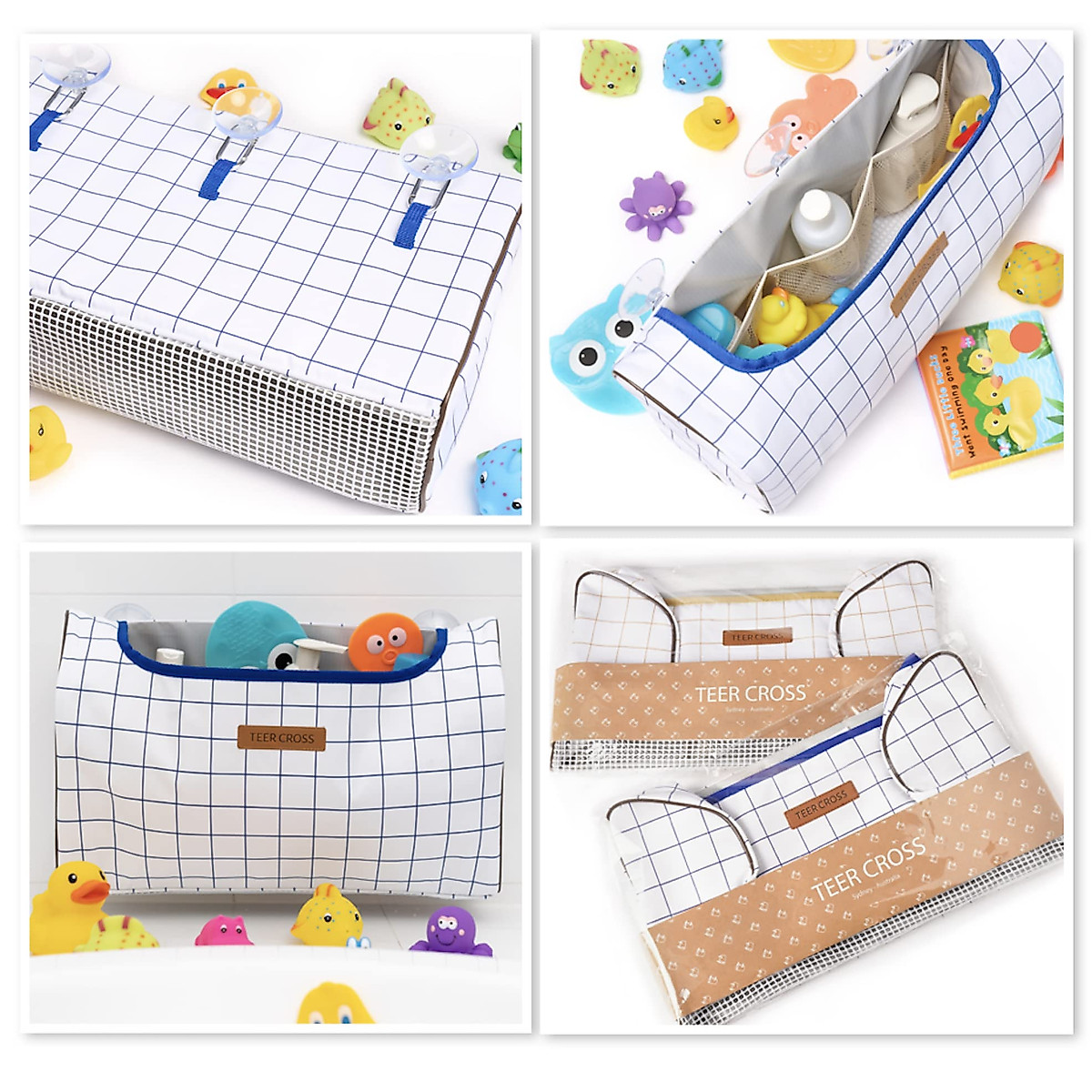 Large Bath Toy Storage with A Quick Dry Mesh Base. Sturdy Bath Toy Holder with 3 Strong Suction Cups. The Bath Toy Organizer Keeps Your Bathroom Tidy. Bathtub Toy Holder (Blue Check)