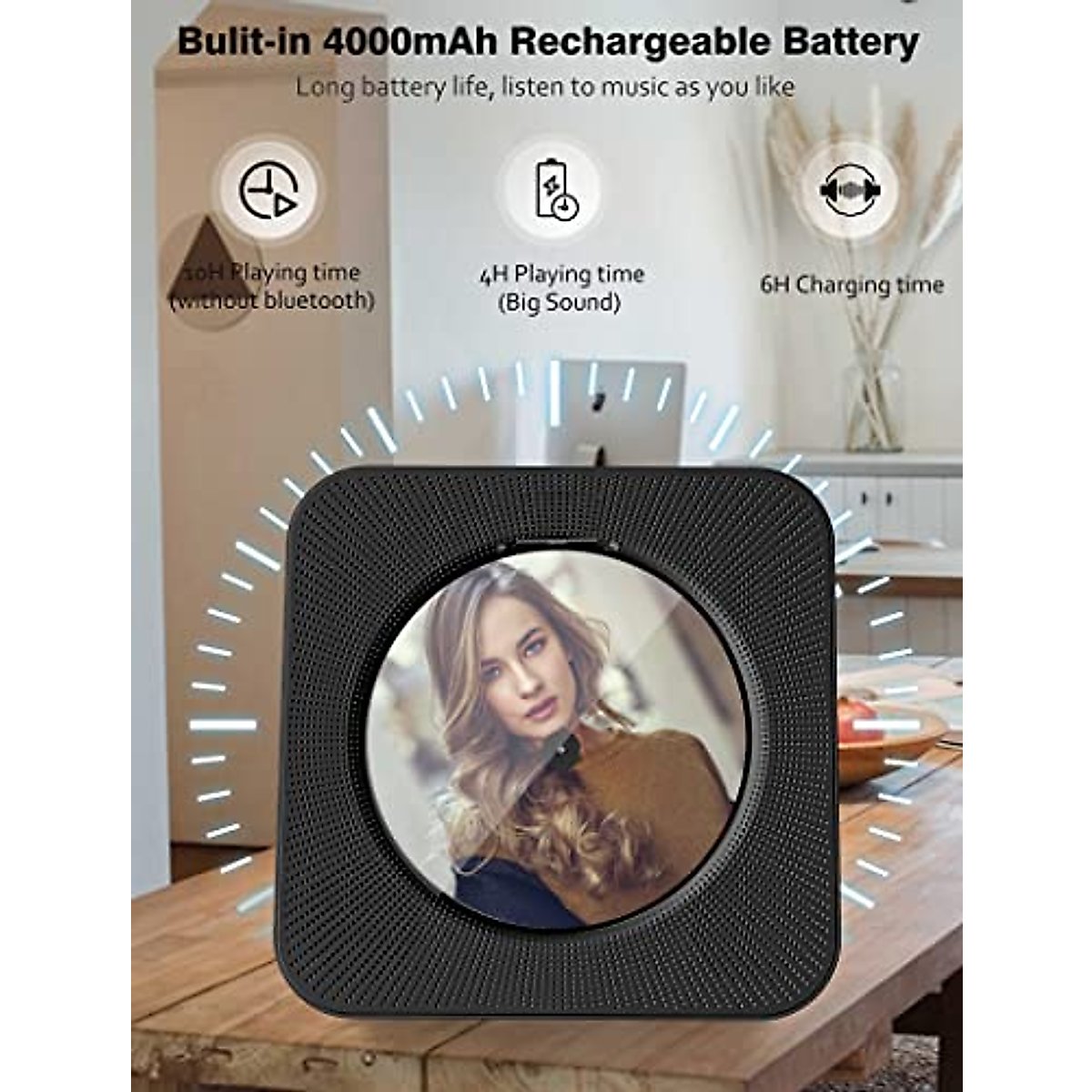 Portable CD Player with Bluetooth: 4000mAh Rechargeable Kpop Music Player with HiFi Speaker,Remote Control,LCD Display,Sleep Timer,Headphone Jack, Supports CD/Bluetooth/FM Radio/U-Disk/AUX(Black)