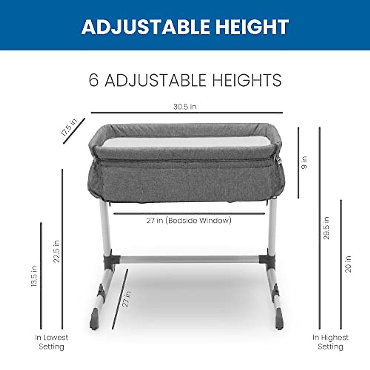 Delta Children Simmons Kids Dream Bedside Bassinet with Zip-Down Side Wall – Convenient Baby Sleeper with Breathable Mesh and Adjustable Heights - Lightweight Portable Crib, Grey
