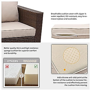 WAROOM Patio Couch PE Wicker 3-Seat Outdoor Brown Rattan Sofa Deep Seating Furniture with Non-Slip Beige Cushion