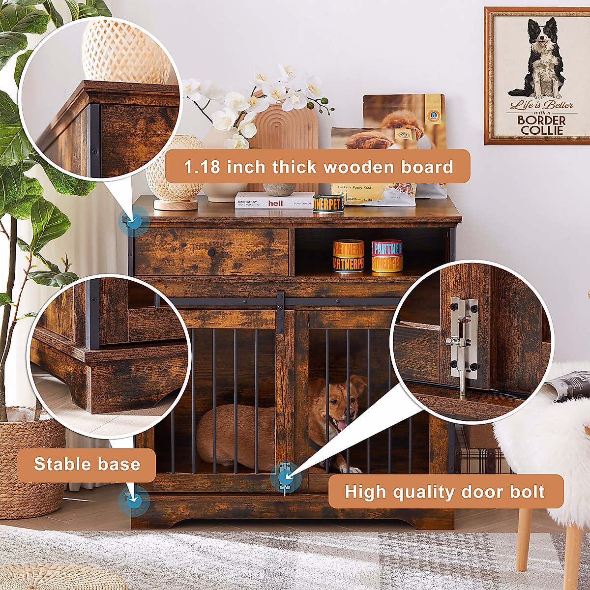 Lostcat Dog Crate Furniture with Sliding Barn Door, with Drawer and Storage,35in Rustic Style Decorative Dog Cage,Wooden Dog Kennel End Table, Easy Assembly,for Small Medium Dog(Rustic Brown)