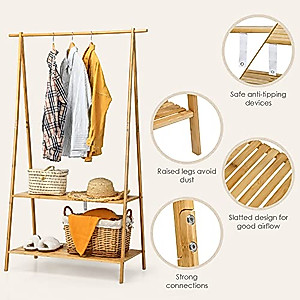 Tangkula Bamboo Garment Rack, Freestanding Clothes Rack with 2-Tier Storage Shelves, Easy Assemble, Space-Saving Clothing Rack for Entryway, Bedroom (Natural)