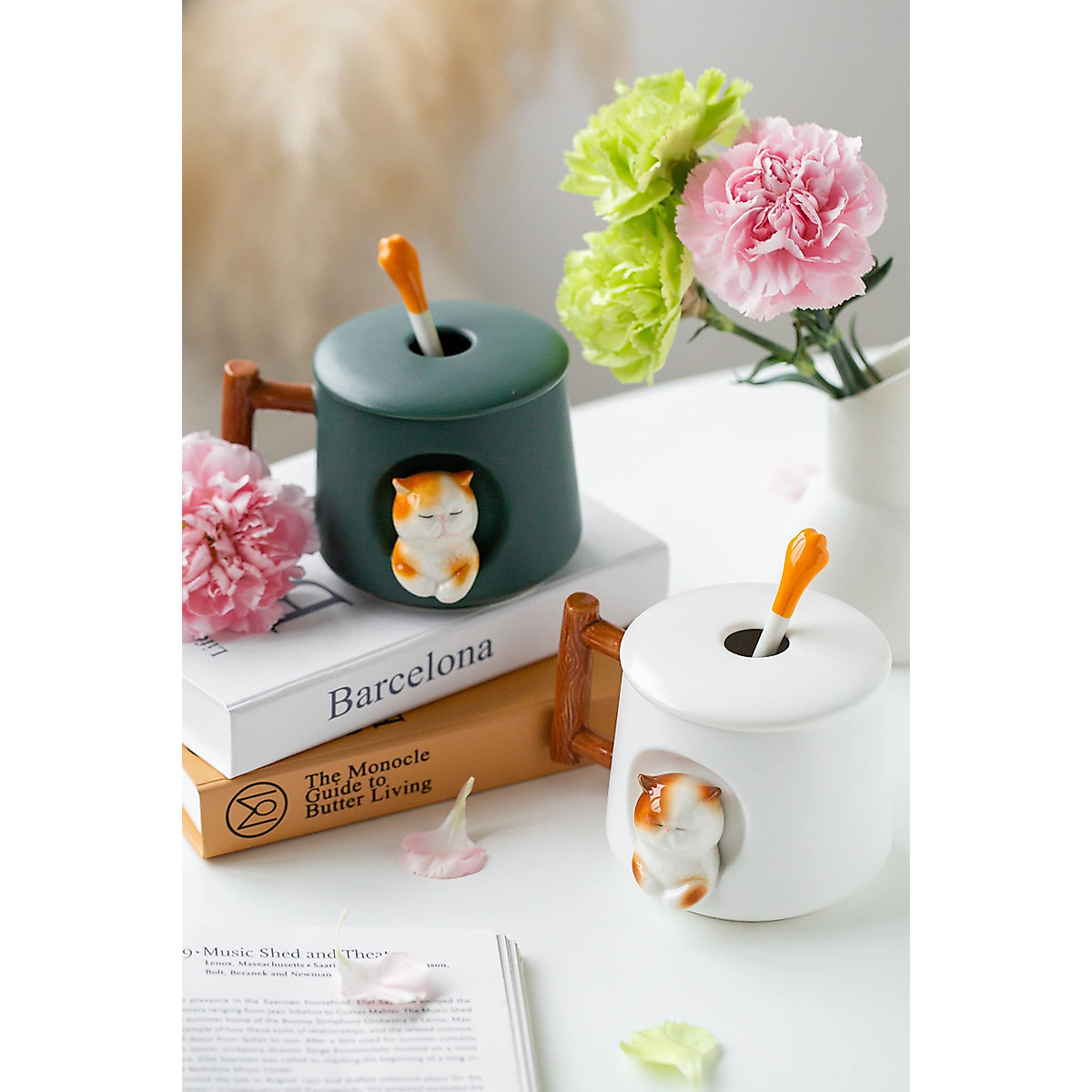 DIHOclub Adorable 3D Ceramic Cat Mug with Lid and Spoon - Perfect for Coffee, Tea, Milk, and More - Ideal Gift for Animal Lovers - 14 Ounces (Green)