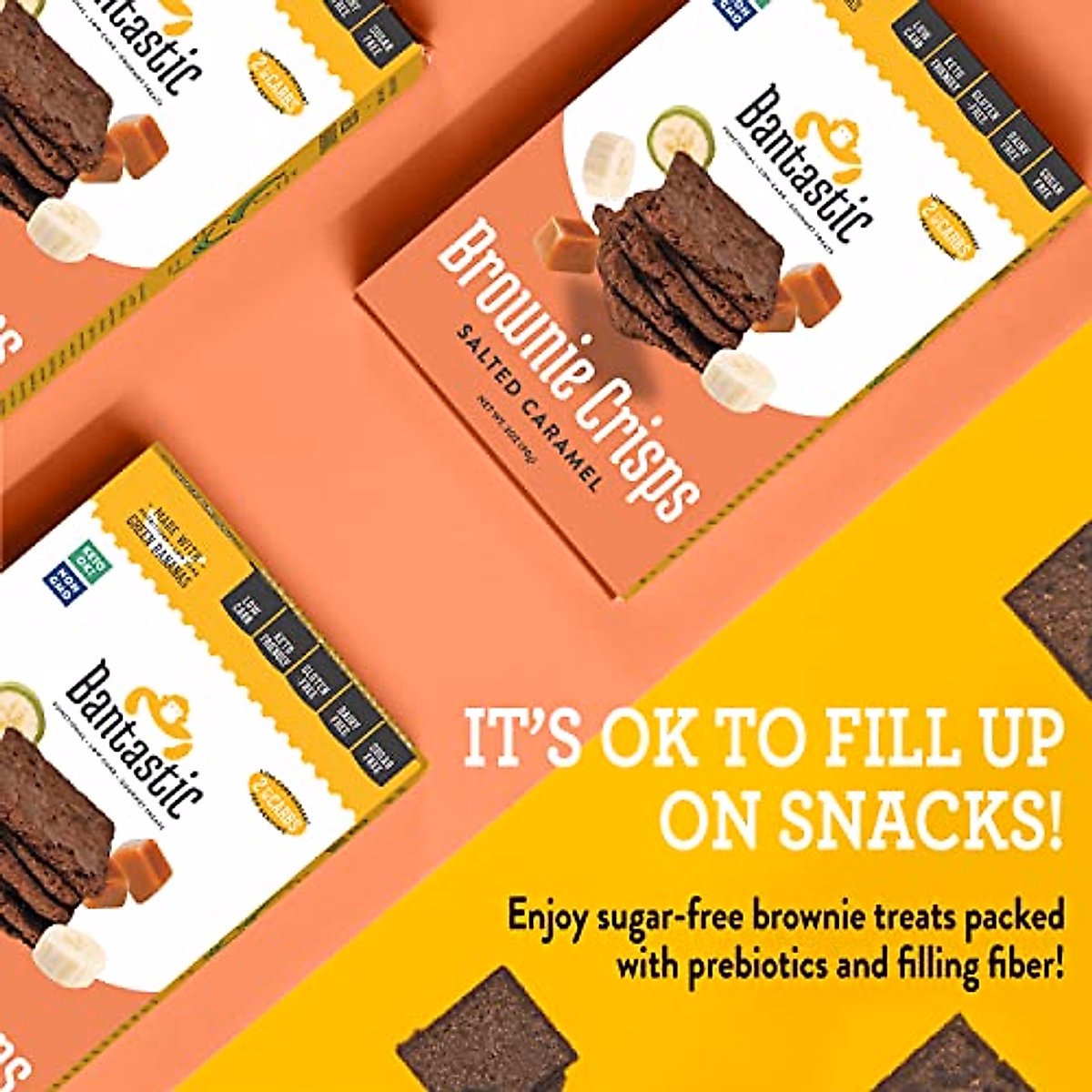 Bantastic Brownie Keto Snack, Salted Caramel Crisps - Crunchy Thin, Naturally Sweet Sugar Free Brownies Snack, Gluten Free, Low Carb, Dairy Free, 3 Oz Ea (Pack of 2)