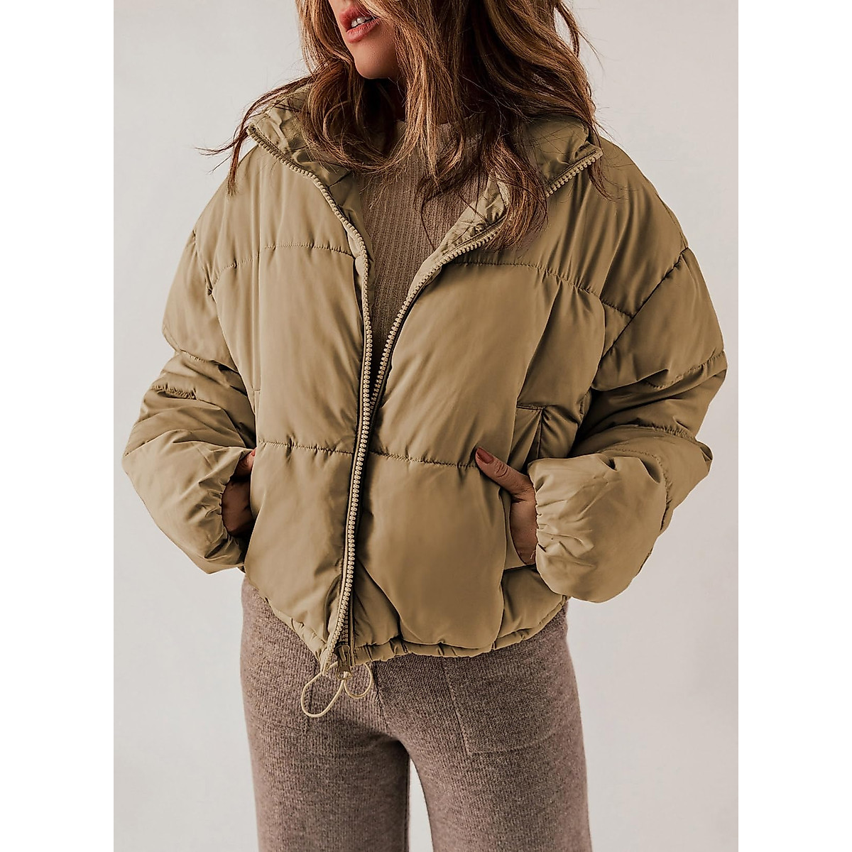 Dokotoo Womens Puffer Jackets Ladies Cute Warm Winter Coats for Women Oversized Stand Neck Full Zipper Up Drawstring Baggy Padded Jacket Coat Warm Comfy Soft Outerwear with Pockets Khaki XL
