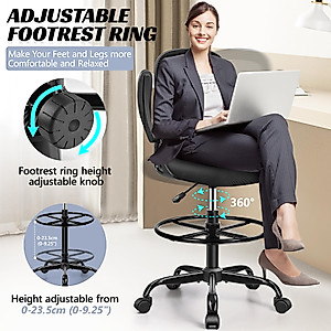 AtHope Drafting Chair, Tall Office Chair Ergonomic Standing Desk Chair,with Adjustable Footrest Ring, 3D Lumbar Support, Flip-up Armrests, Swivel Desk Stool for Drawing Working (Black)