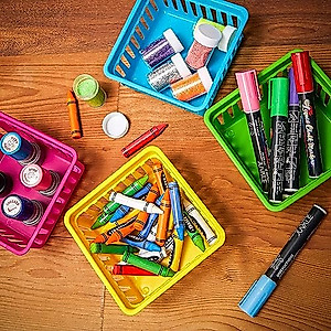 Bright Creations 12-Pack Colorful Small Storage Baskets Plastic Bins for Organizing Shelves and Desks, Arts and Crafts Containers for Home, School, Office (4 Colors, 5.3 x 5.3 x 2.4 in)