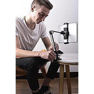 Ledetech Aluminum Adjustable Long Arm Tablet iPad Stand with 360° Swivel Bracket for Any 4-12.9" Smart Devices fits in Office Desk (Black)