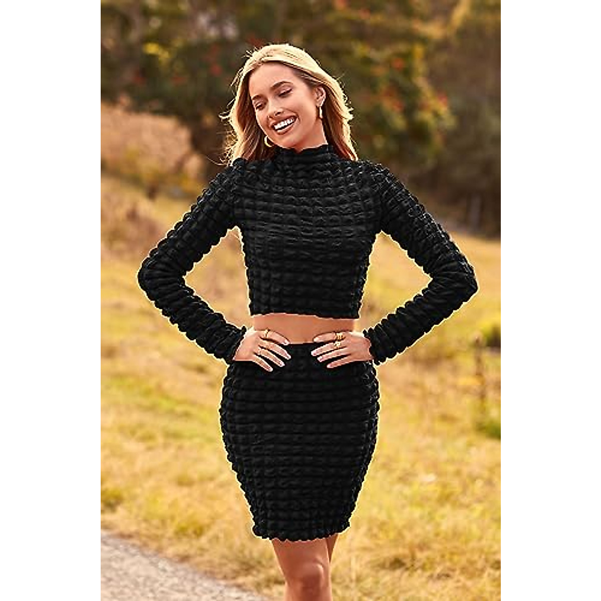 PRETTYGARDEN Women's 2024 Fall 2 Piece Outfits Mock Neck Crop Tops and Bodycon Mini Skirt Dress Sets (Black,Large)