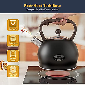 Tea Kettle Whistling Teapot for Stovetop : 2.64 Quart Food Grade Stainless Steel Tea Pot with Wood Pattern Handle, Loud Whistle Kettle for Tea, Coffee, Milk - Black