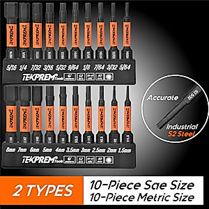 Metric & SAE Hex Head Allen Wrench Drill Bit Set,TEKPREM 20-Piece 1/4 inch Magnetic Tip Hex Screwdriver Bit Set with Rubber Strip and Storage Box, S2 Steel & 2 inch Long