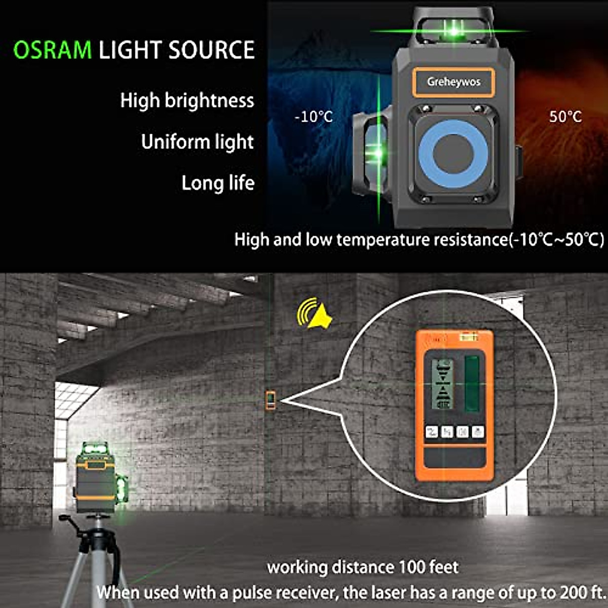 Greheywos Laser Level 12 Lines Self Leveling 3x360° 3D Green Cross Line for Construction and Picture Hanging, With Rechargeable battery, Remote Controller, Magnetic Rotating Stand, Mini Tripod Base