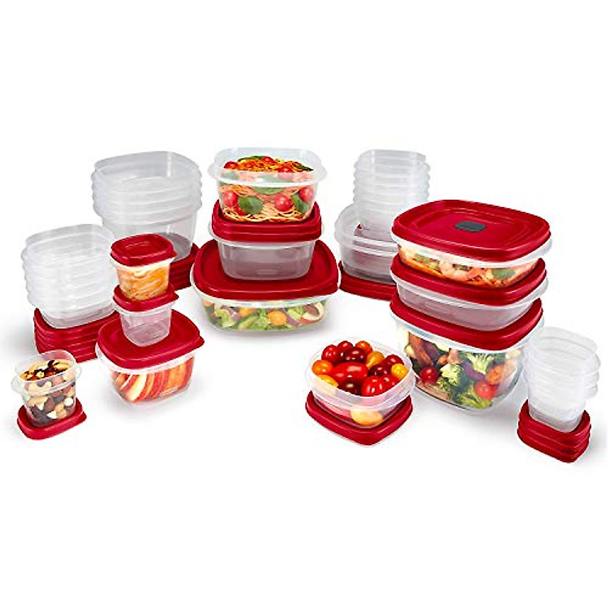 Rubbermaid 60-Piece Food Storage Containers with Lids, Salad Dressing and Condiment Containers, and Steam Vents, Microwave and Dishwasher Safe, Red