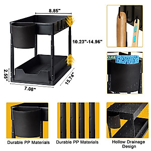 Seculiving Under Sink Organizer, 2 Pack Adjustable Height Pull-Out Under Cabinet Storage with 8 Hooks 2 Cups, 2 Tier Under Sink Organizers and Storage for Bathroom, Kitchen, Cabinet, Countertop