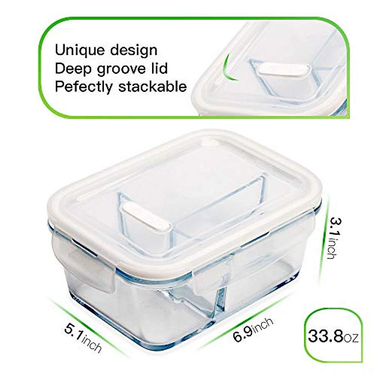3 Pack 33.8oz Bento Box Glass Meal Prep Containers 3 Compartments Glass Food Storage Containers with Lids Meal Prep Bowls Lunch Box Glass Food Prep Containers Lunch Containers for Microwave Oven
