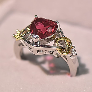 WDIYIEETN Fashion Jewelry Gold and Silver Two-Tone Shiny Diamond Heart-Shaped Ruby Ring Cubic Zirconia Crystal Diamond Ring Eternity Engagement Wedding Band Ring for Women (7)