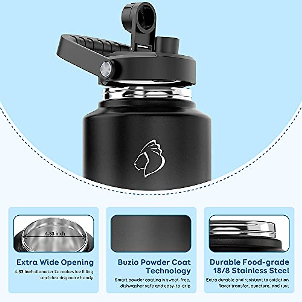 BUZIO One Gallon Vacuum Insulated Jug, Insulated Beer Growler, 18/8 Food-Grade Stainless Steel 128oz Water Bottle Comes with Two Carrying pouch Two Stainless Steel Cups Thermo Canteen Mug,Graphite