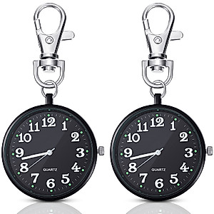 2 Pieces Quartz Pocket Watch with Key Buckle Round Pocket Watch Keychain Watch Portable Unisex Watch (Black)