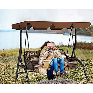 U-MAX 3-Seat Outdoor Patio Swing Chair, Large Converting Canopy Porch Swing Glider, Hammock Lounge Chair for Porch, Rattan Wicker Steel Frame Cushion & Pillow, Brown