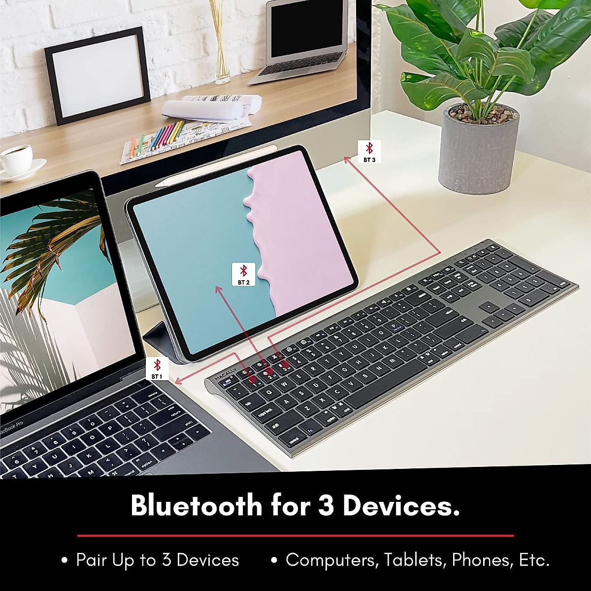 Macally Wireless Bluetooth Keyboard for Mac - Compatible Apple Keyboard Wireless for Mac iOS PC Android - Switch Between 3 Devices with Multi Device Mac Bluetooth Keyboard for MacBook Pro/Air, iMac