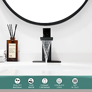 Hoimpro Matte Black Waterfall Single Hole Bathroom Faucet with 6" Deck Plate, Stainless Steel Bathroom Sink Faucet with Pop-up Drain, Rv Vanity Vessel Faucet with Supply Lines, Matte Black