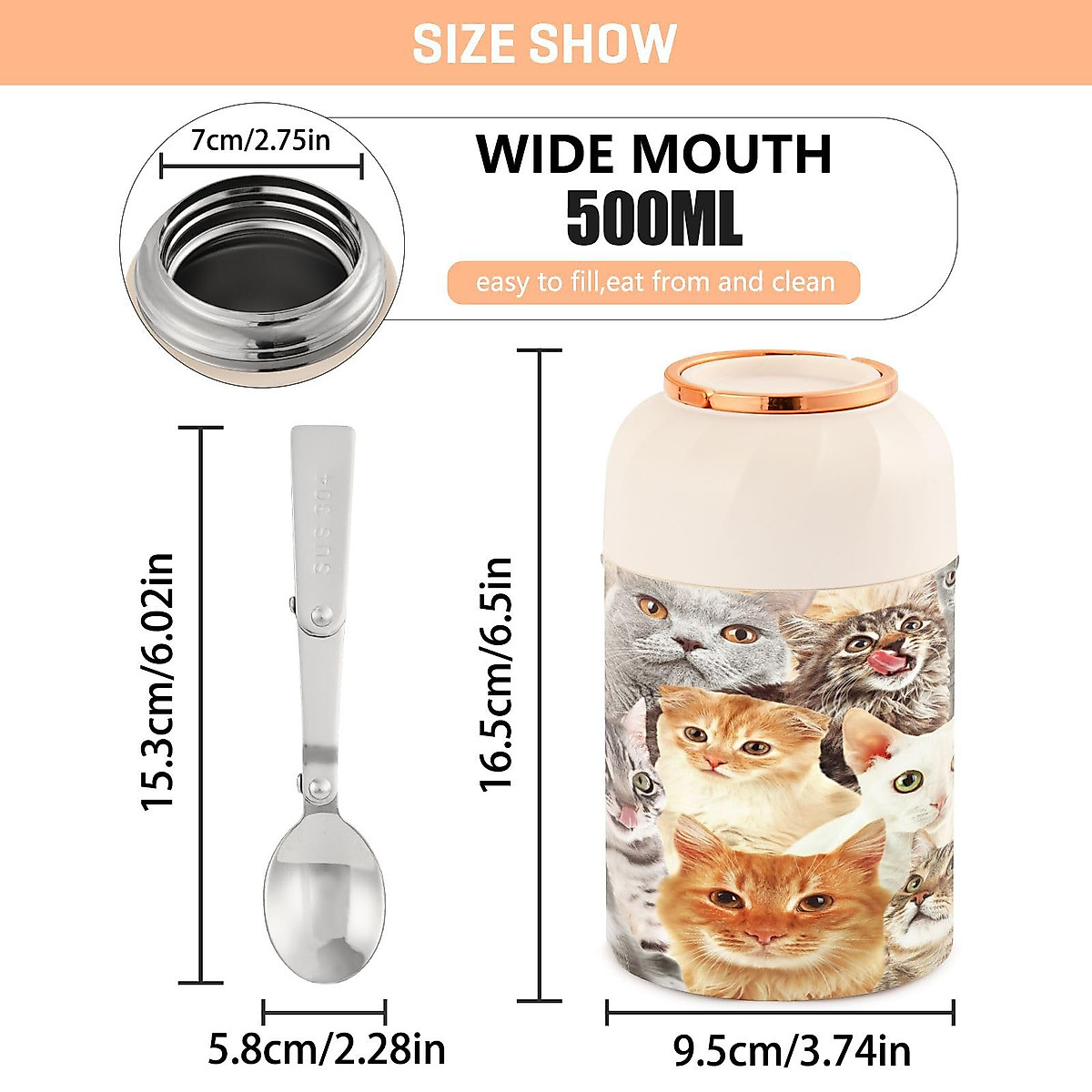 CUPADA Cat Cute Colorful Food Jar, Summer Pets Lovely Insulated Hot Food Jars Vacuum 17OZ with Folding Spoon for Work Trip Picnic Camping
