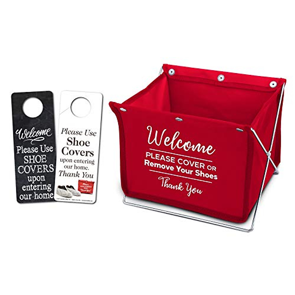 Foldable Shoe Cover Holder (Red) with Bonus Please Use Shoe Covers, Double Sided, Door Hanger