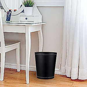 JUXYES Round PU Leather Trash Can Small Wastebasket, 2.6 Gallon / 10 Liters Garbage Container Bin Classic Waste Bin Garbage Storage Trash Can for Kitchen Office Bathroom Bedroom