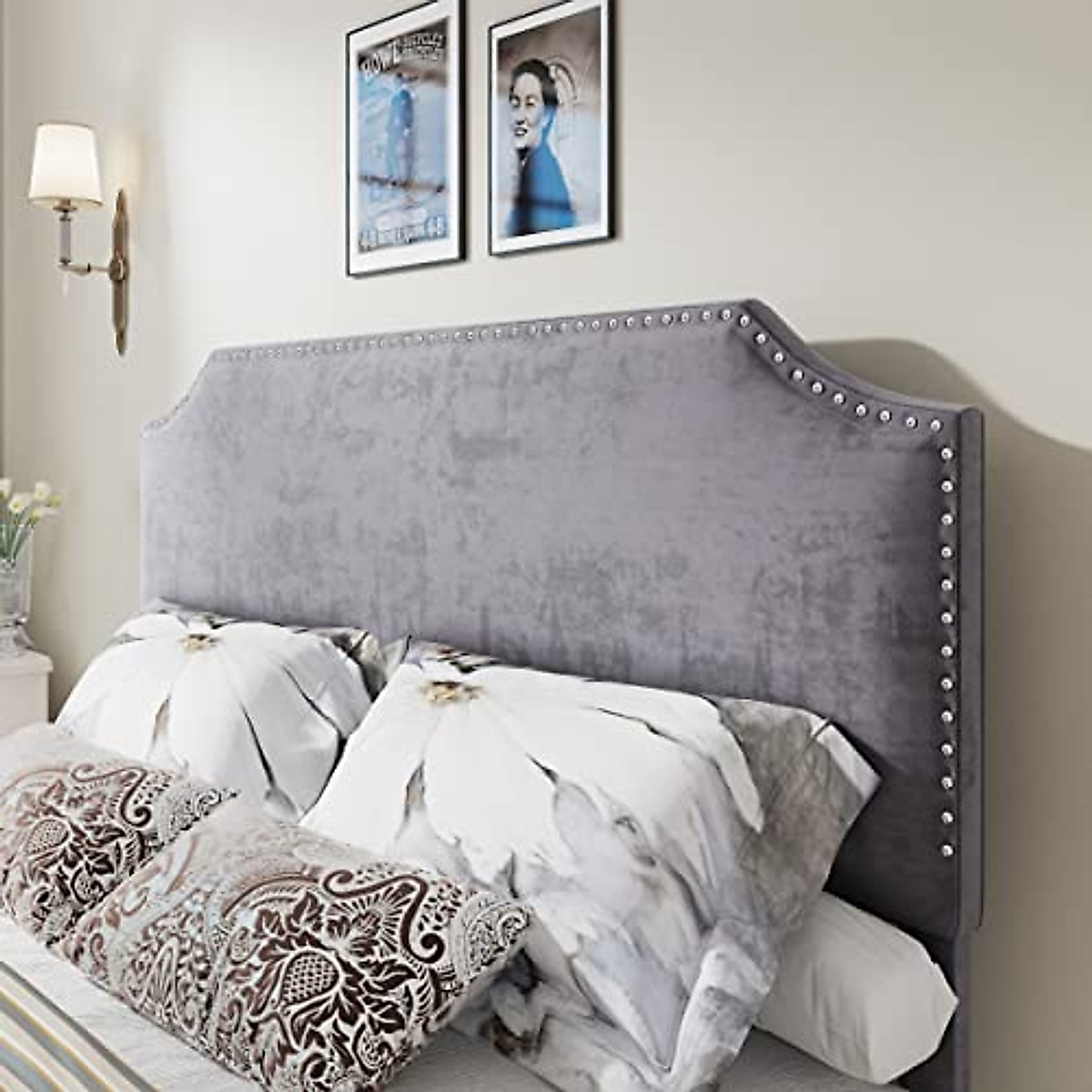 AMERLIFE King Size Bed Frame with 4 Storage Drawers and Headboard, King Velvet Upholstered Platform Bed with Rivet Curved Adjustable Headboard/Strong Wooden Slats/Easy Assembly/Grey